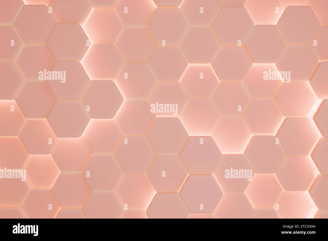 Luxury abstract hexagonal peach background with golden glow. 3d ...