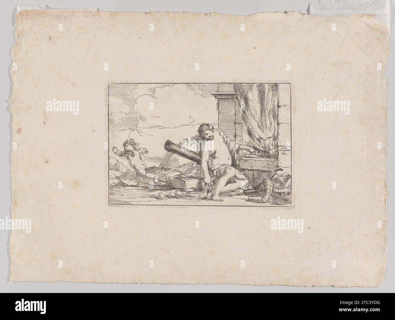 Fire, represented by Venus seated before Vulcan's forge, with armor, a ...