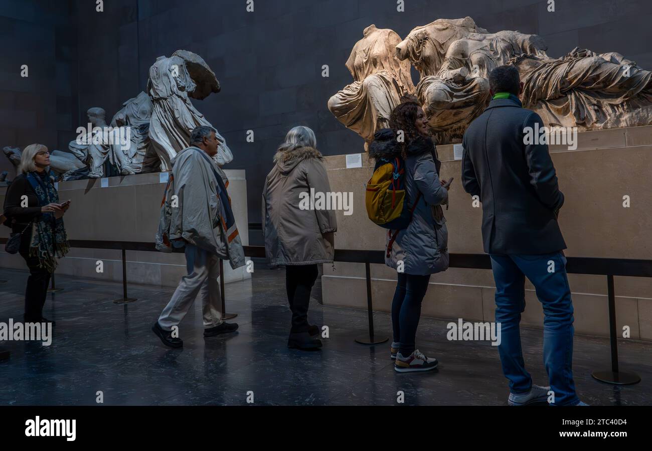 Visitors to the Elgin marbles from the Athens Parthenon gallery at the British Museum in London ...