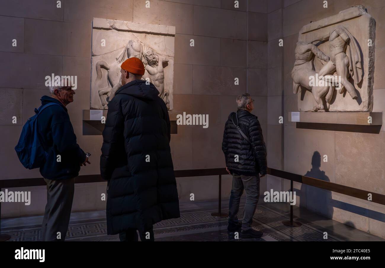 Visitors to the Elgin marbles from the Athens Parthenon gallery at the British Museum in London ...