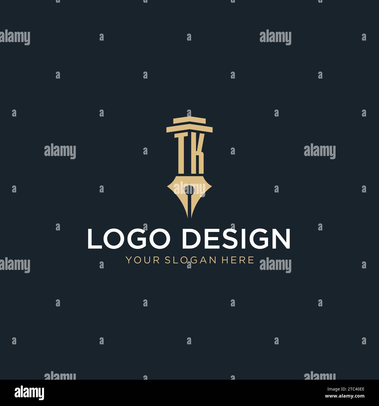 TK monogram initial logo with fountain pen and pillar style design ...
