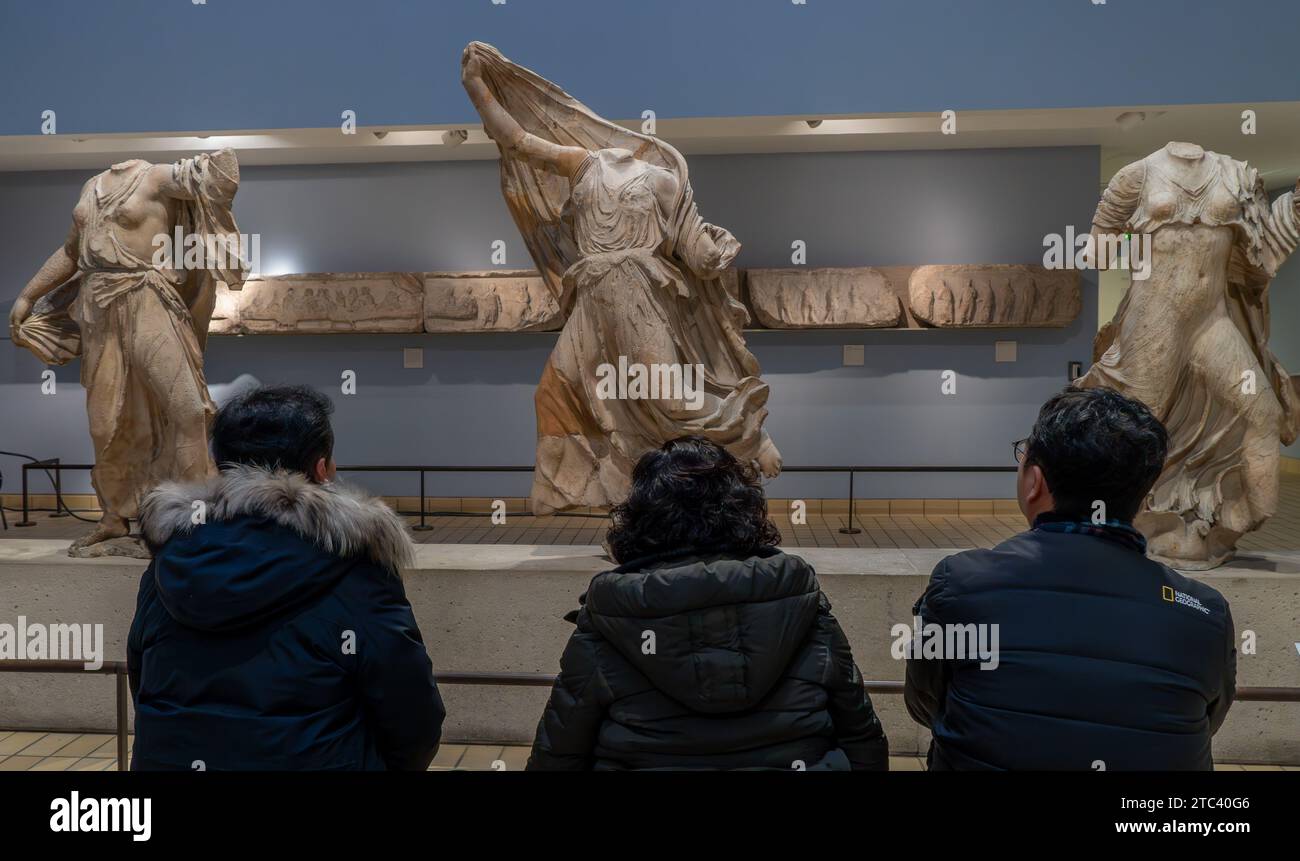 Visitors to the Elgin marbles from the Athens Parthenon gallery at the British Museum in London ...