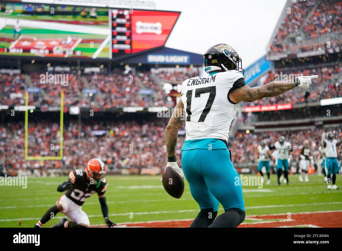Jacksonville Jaguars tight end Evan Engram (17) reacts after his 10 ...
