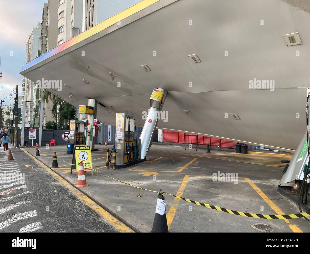 Santos city, Brazil. Metal roof of gas station in Ponta da Praia ...