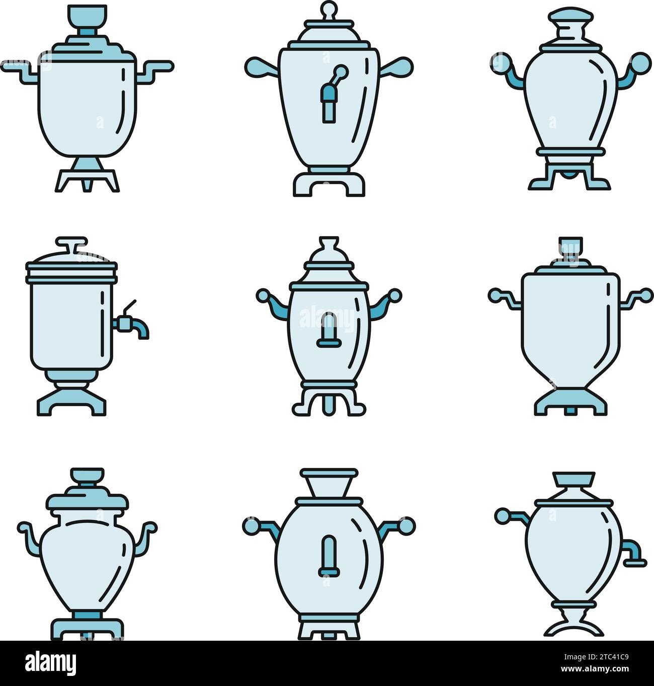 Russian samovar icons set. Outline set of russian samovar vector icons ... Russian samovar icons set. Outline set of russian samovar vector icons ...
