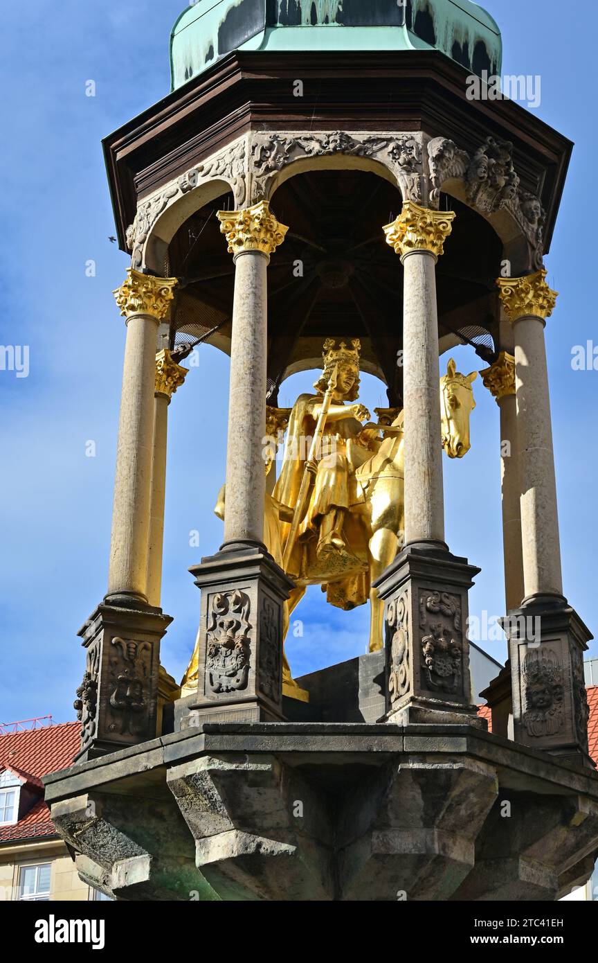 Old market in Magdeburg with town hall and monument "Magdeburger Reiter ...