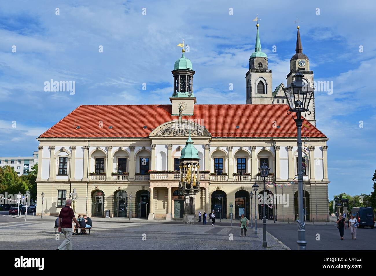 Old market in Magdeburg with town hall and monument "Magdeburger Reiter ...