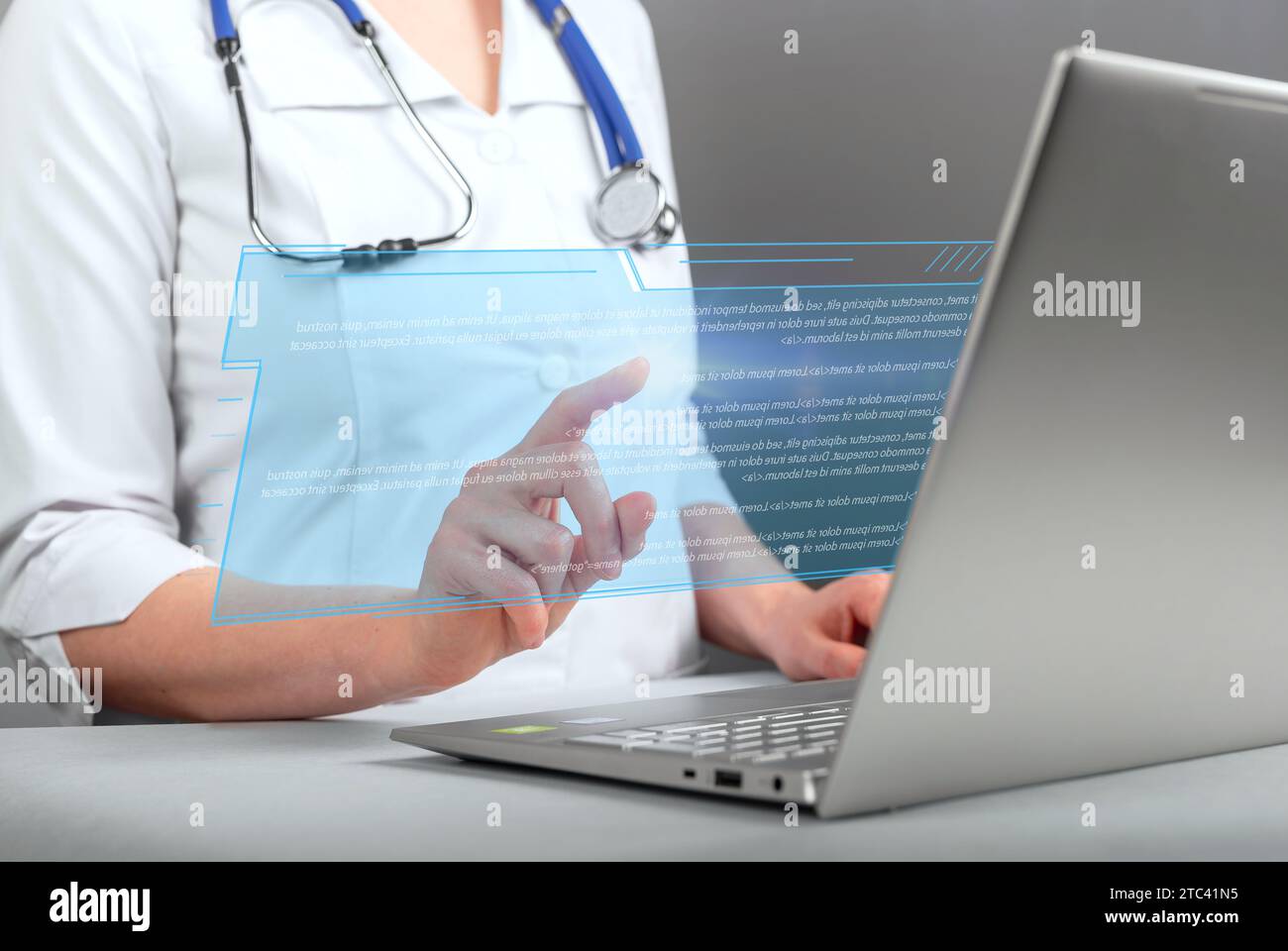 Doctor and technology. Practitioner using computer, clicking on screen ...