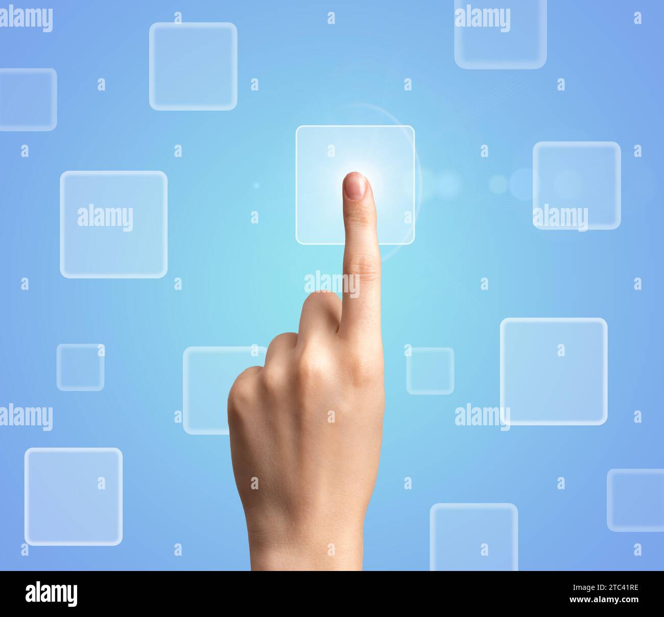 Finger touching, pressing button in cyberspace. Choosing, selecting ...