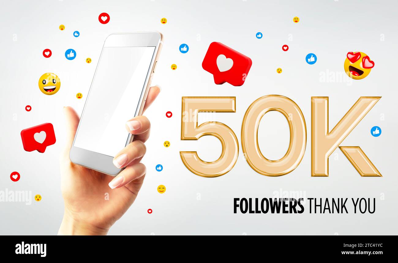 50k followers celebration. Hand holding mobile smartphone with blank ...