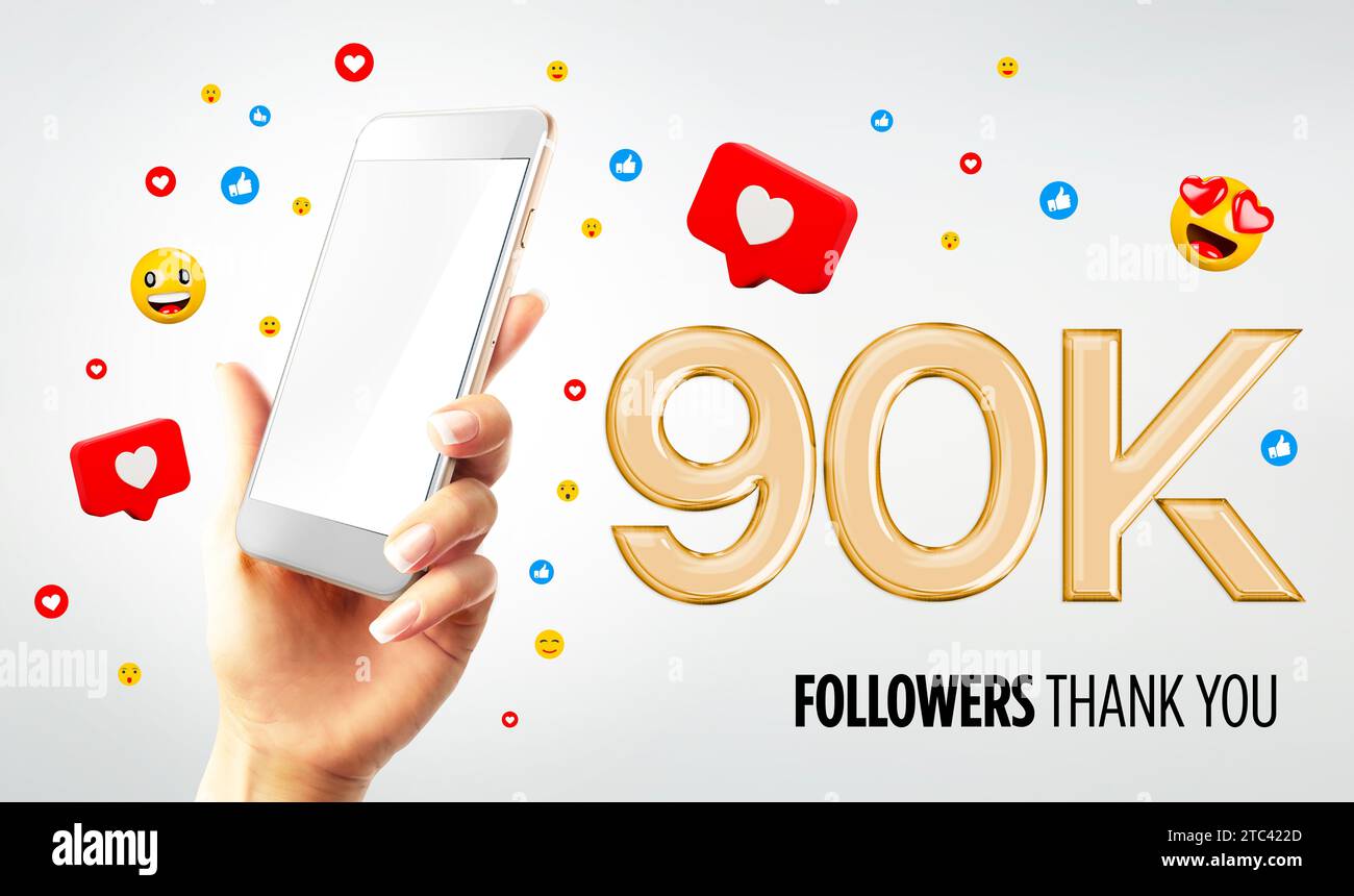 90k followers celebration. Hand holding mobile smartphone with blank ...