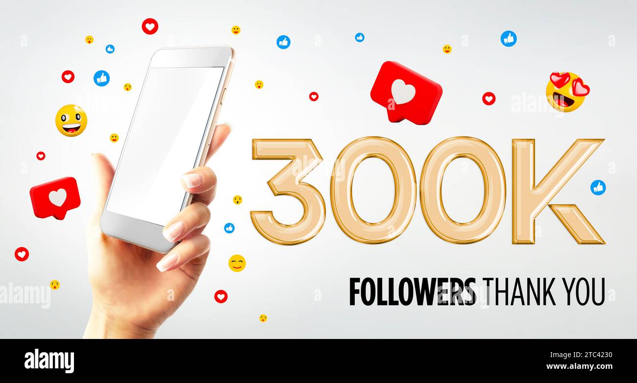 300k followers celebration. Hand holding mobile smartphone with blank ...
