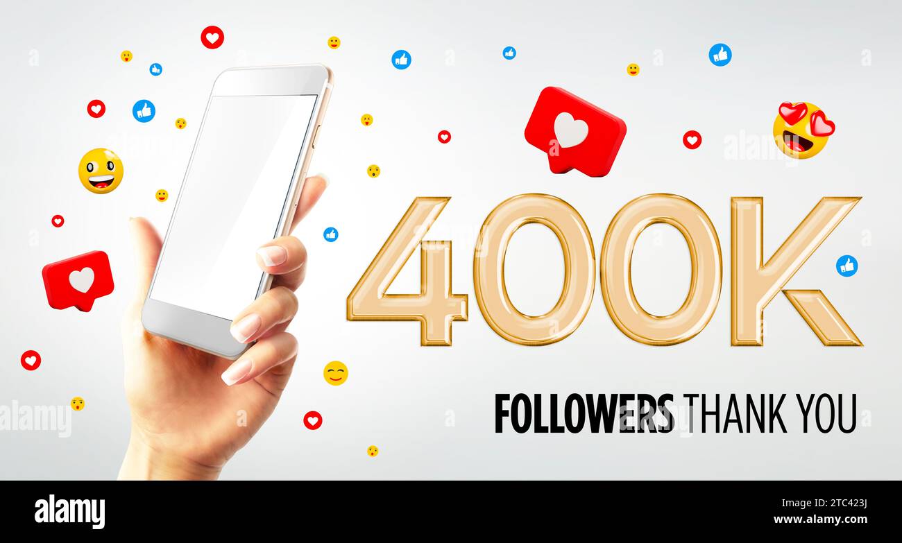 400k followers celebration. Hand holding mobile smartphone with blank ...