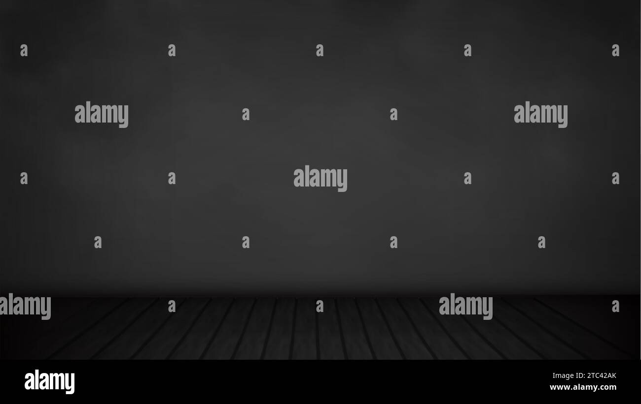 Dark room with black concrete wall and wooden floor. Vector ...