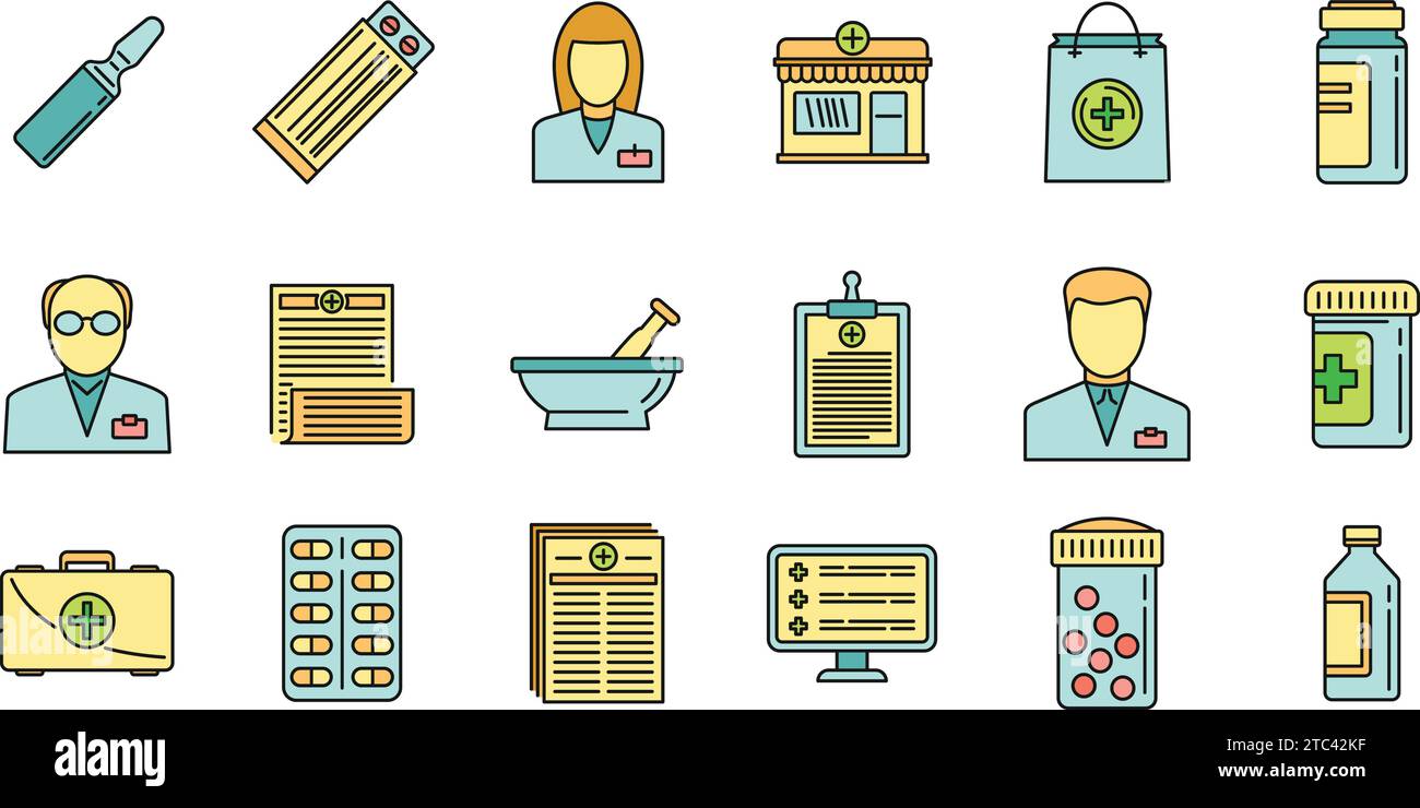 Medical pharmacist icons set. Outline set of medical pharmacist vector ...