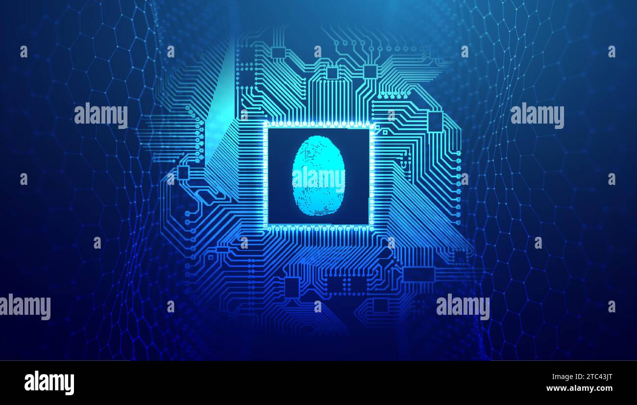 Big data blue technology background. Circuit with fingerprint touch id ...