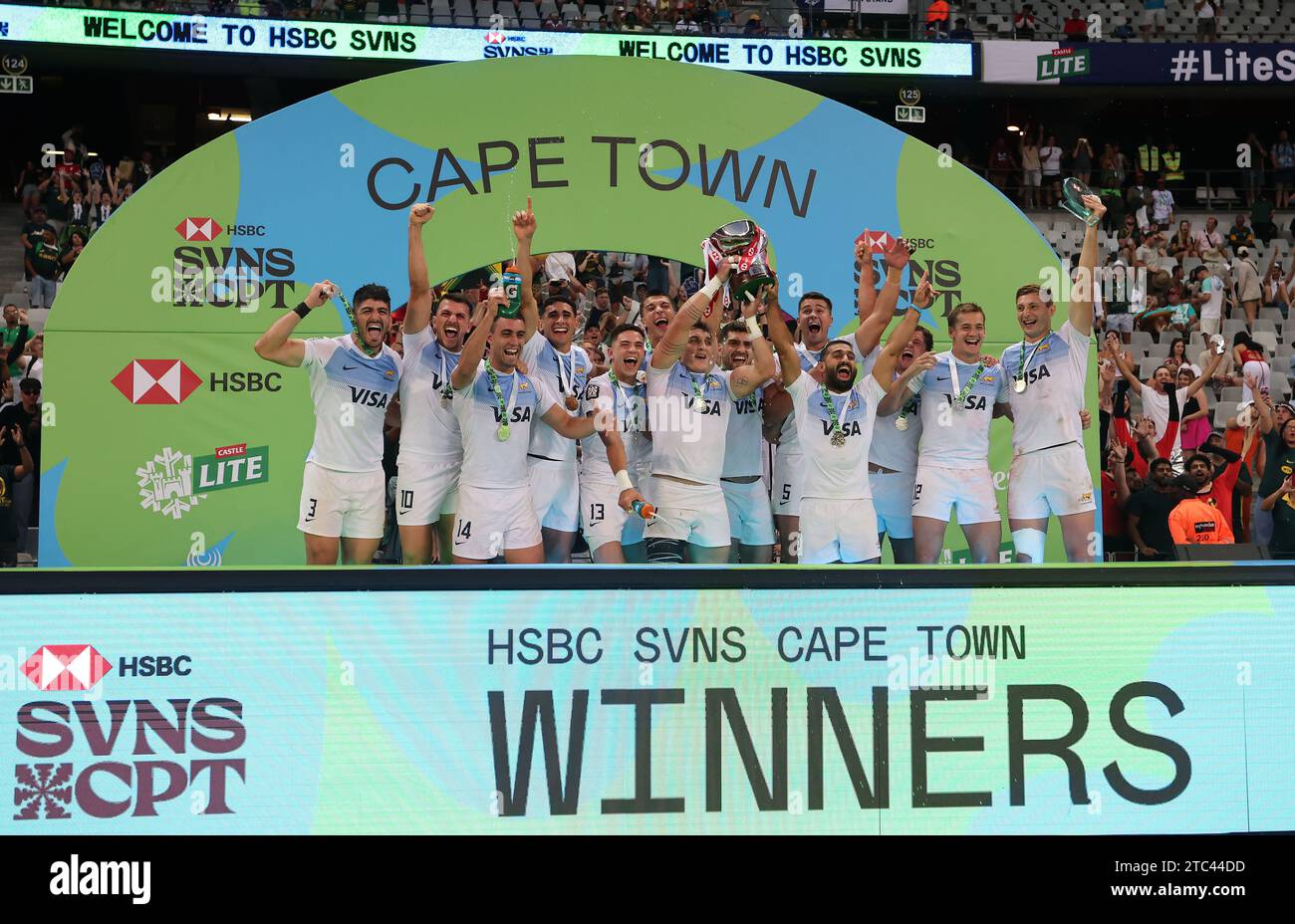 CAPE TOWN, SOUTH AFRICA - 10 DECEMBER 2023: Argentina celebrate winning the HSBC SVNS Cape Town ...