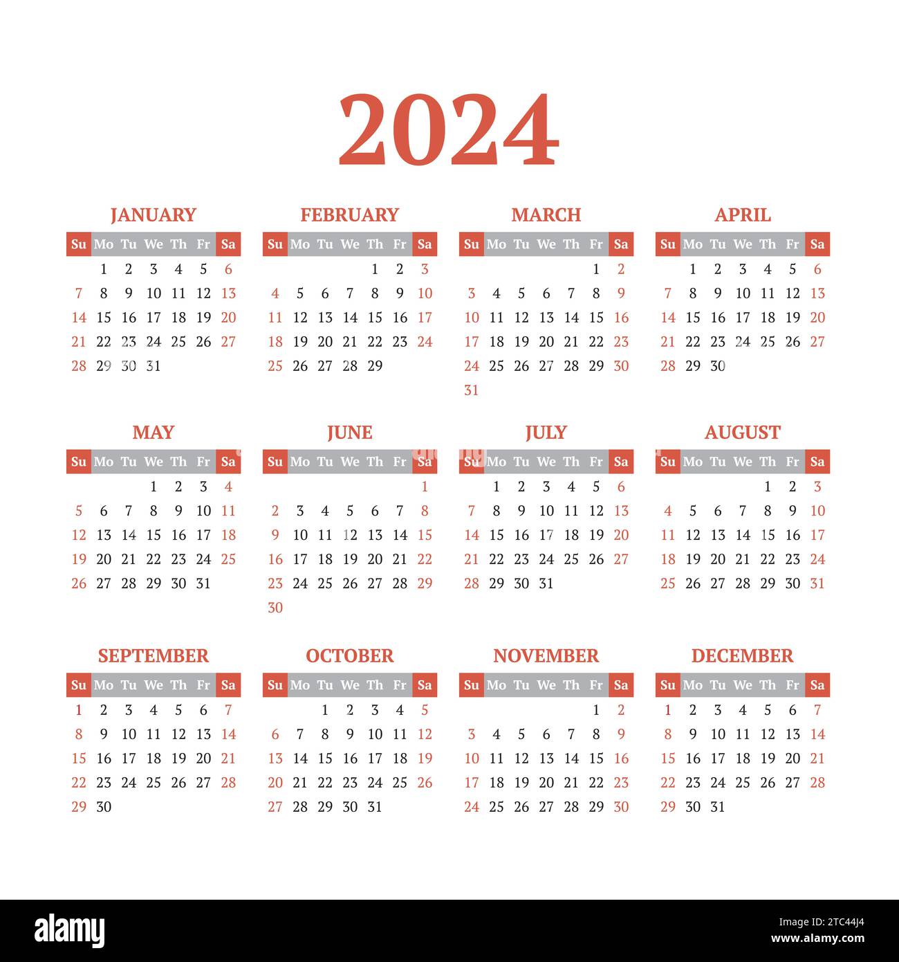 Simple vector calendar on 2024. Start from Sunday Stock Vector Image ...