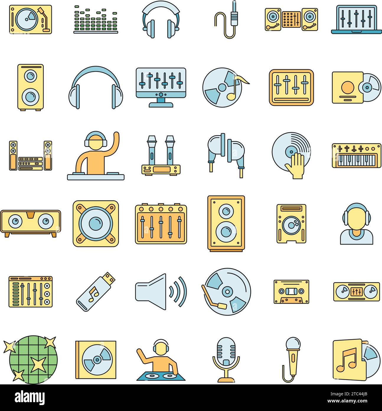 Dj icons set. Outline set of dj vector icons thin line color flat on ...