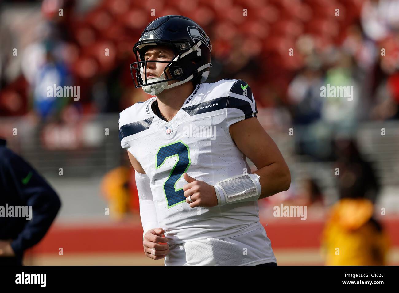 Seattle Seahawks quarterback Drew Lock (2) warms up before an NFL ...