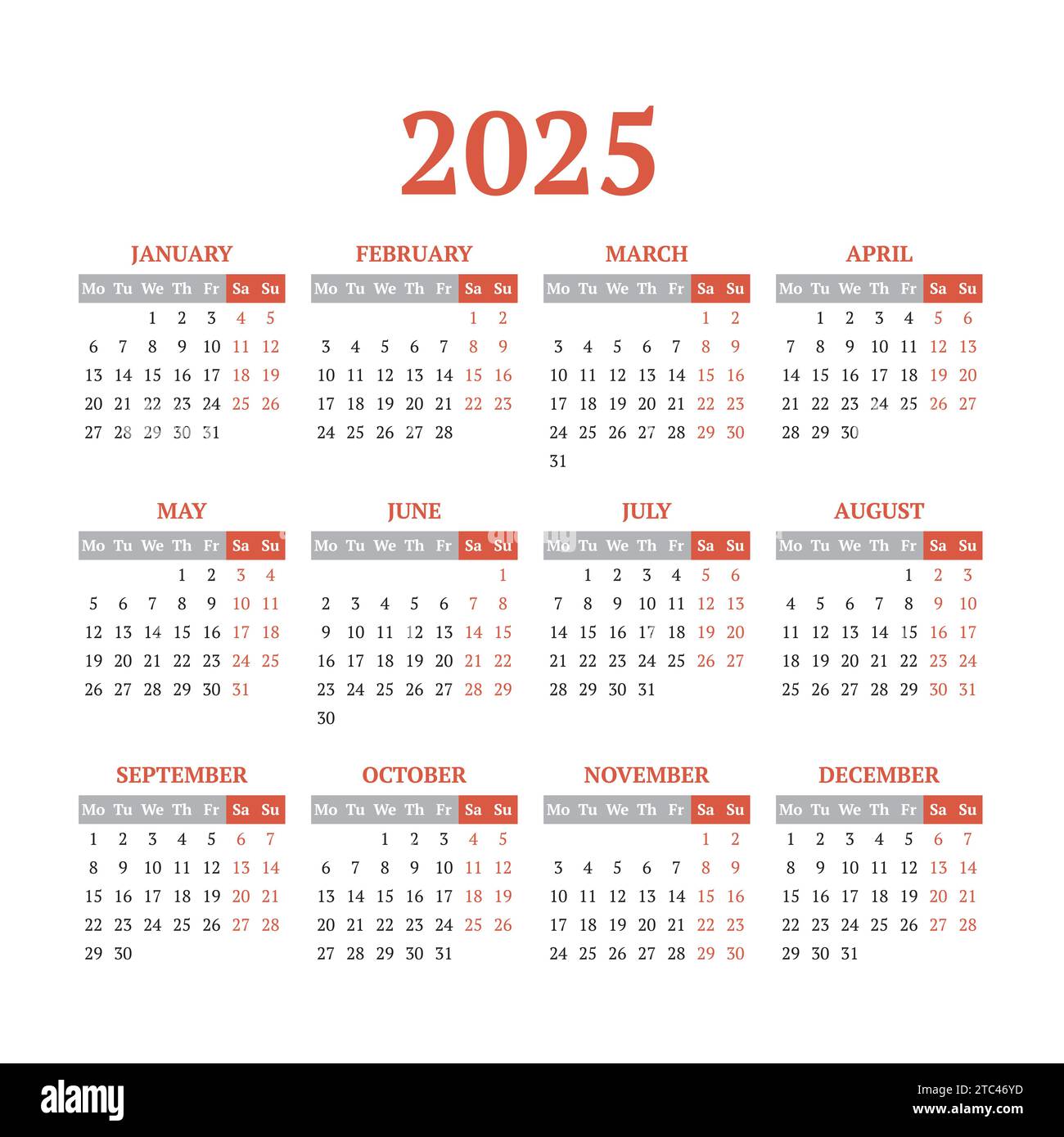 Simple vector calendar on 2025. Start from Monday Stock Vector Image ...