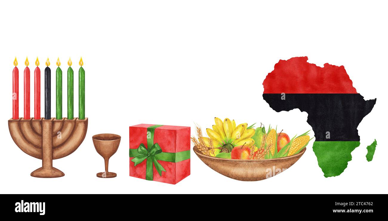Kwanzaa banner. African-American holiday. Kinara, seven burning candles ...