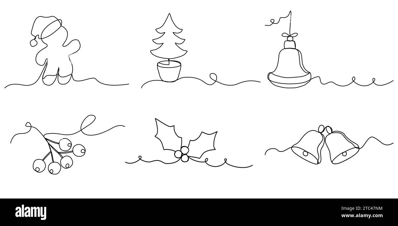Set of Christmas line arts, continuous line vector illustration Stock ...