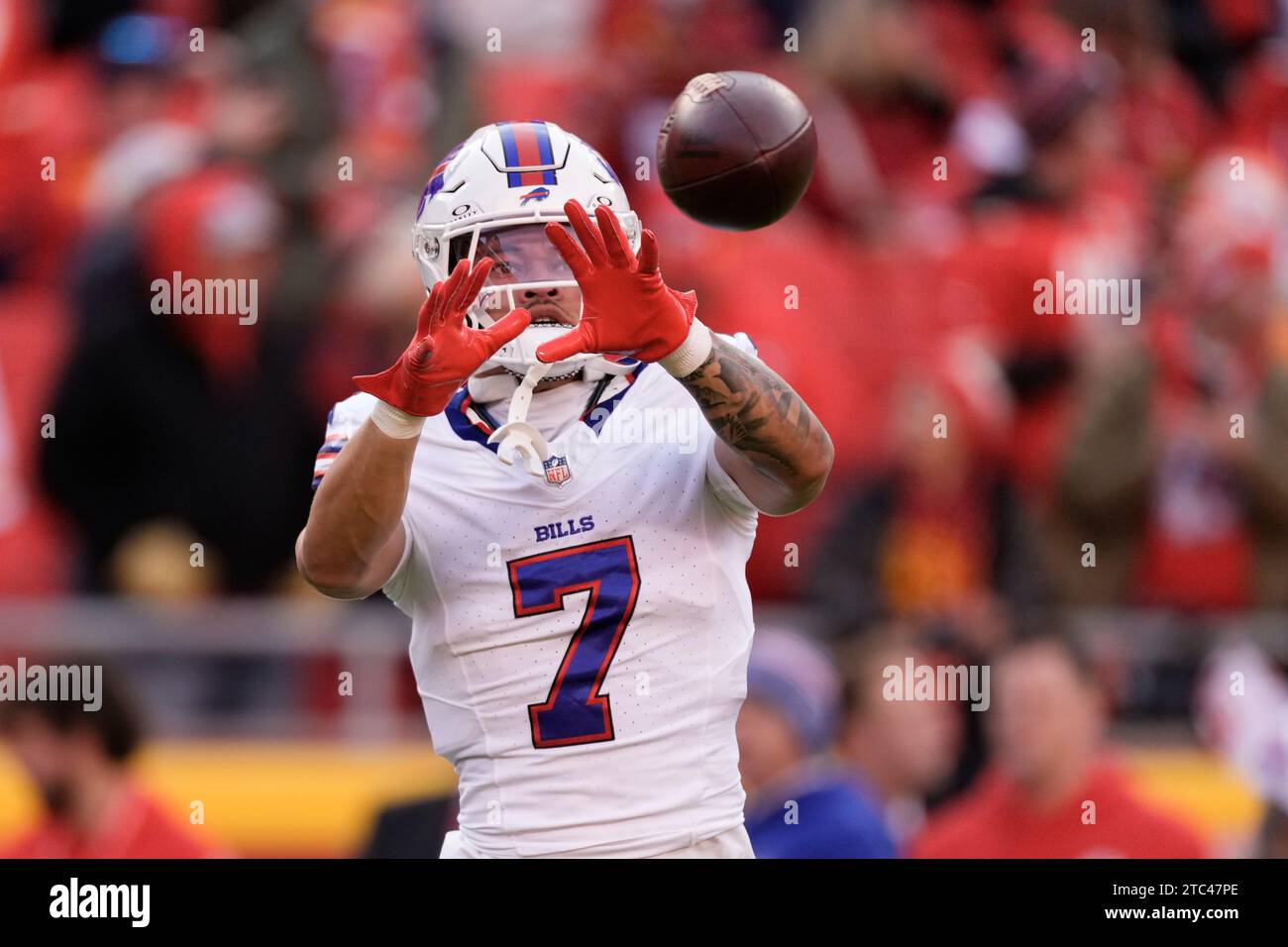 Buffalo Bills cornerback Taron Johnson warms up before the start of an ...
