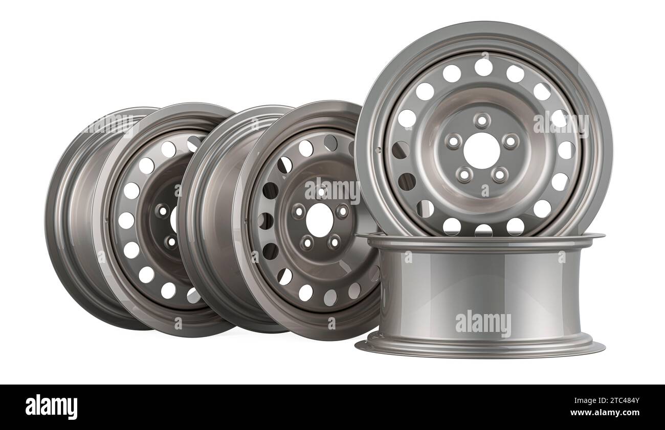 Car steel wheels or car rims. 3D rendering isolated on background Stock ...