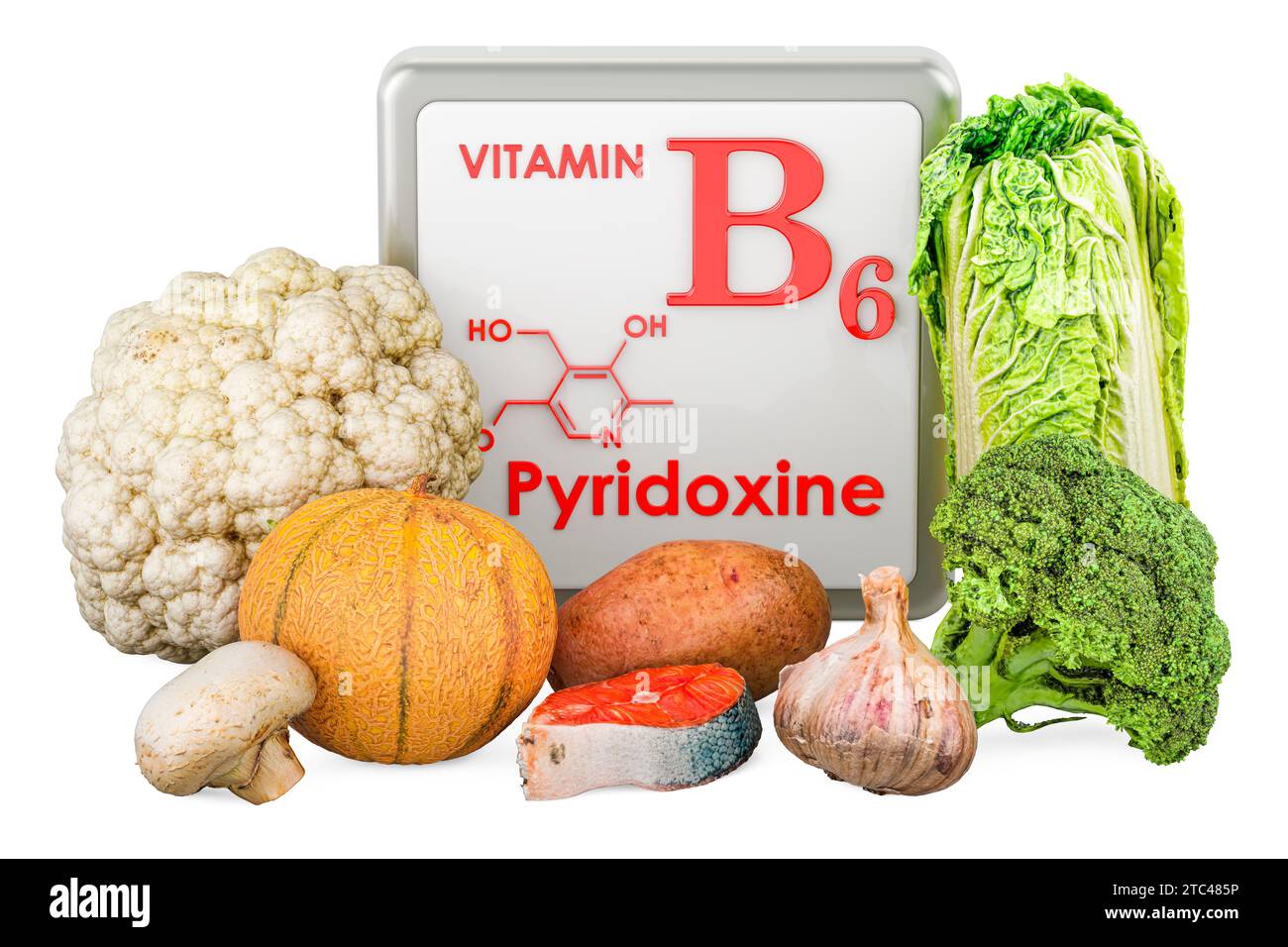 Products containing Vitamin B6, Pyridoxine. 3D rendering isolated on ...