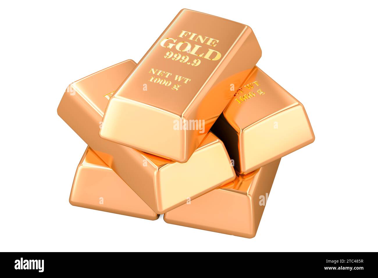 Gold ingots, gold bars, gold bullions, golden bricks. 3D rendering isolated on white background ...