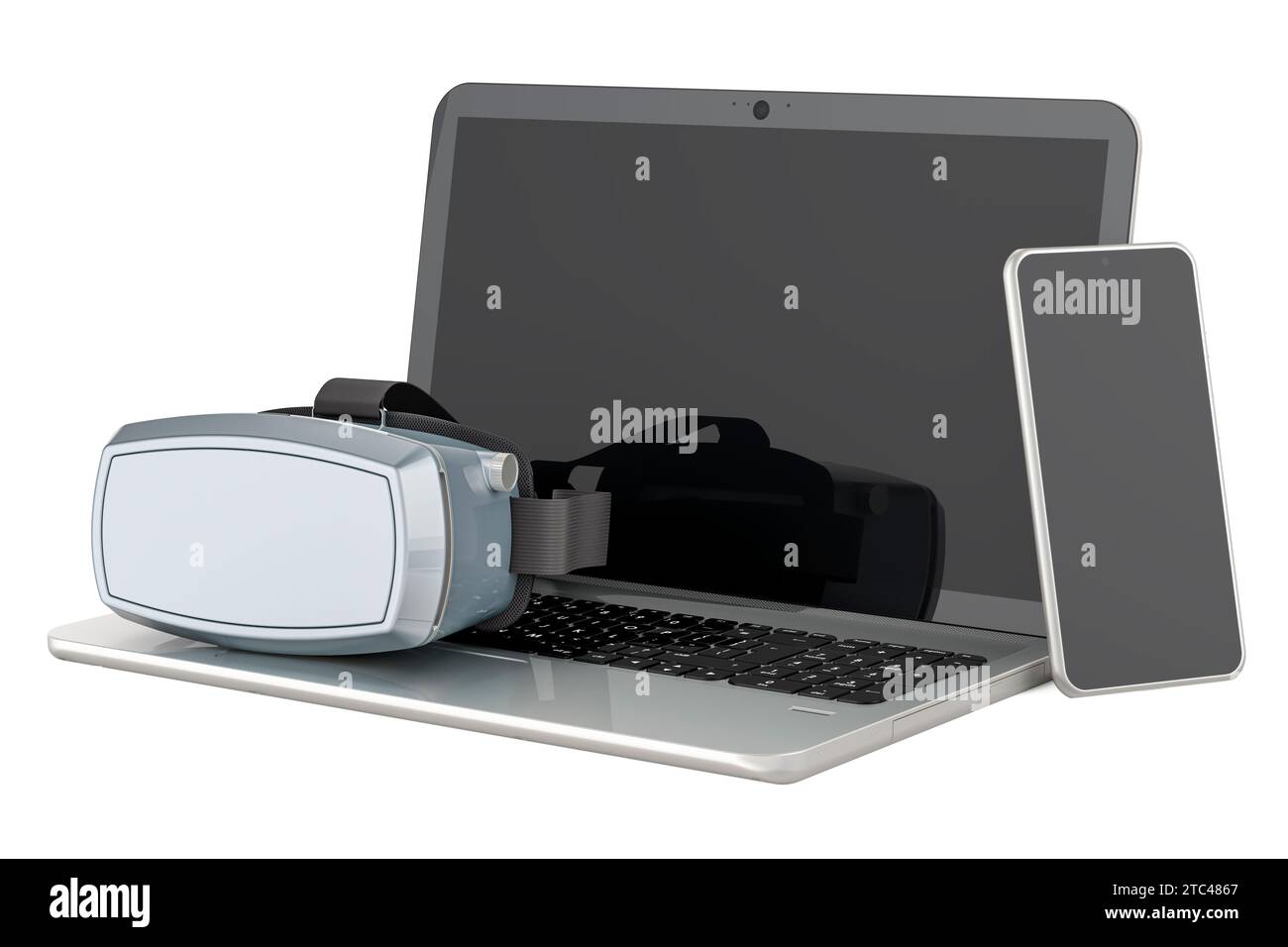 Virtual reality glasses with laptop and mobile phone. 3d rendering ...