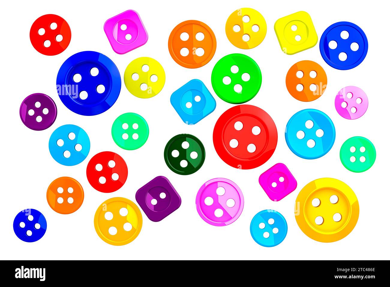 Many colored sewing buttons clothing, different sizes and shapes. 3D rendering isolated on white ...