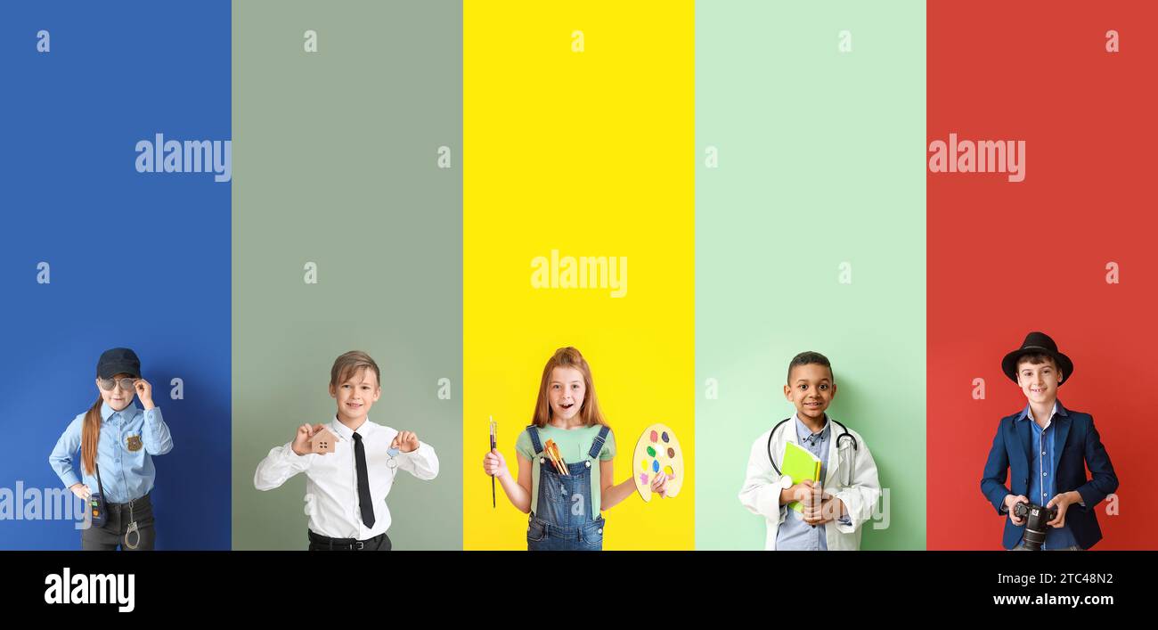 Group of children in uniforms of different professions on color ...