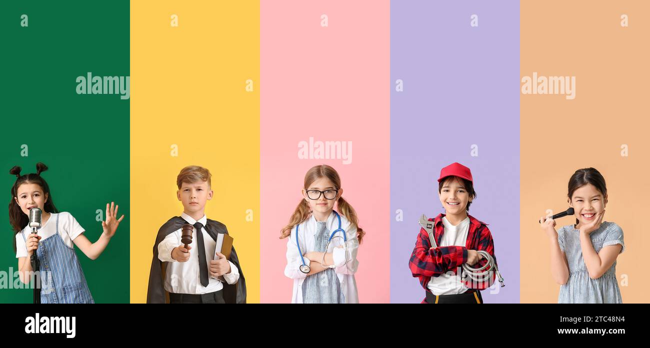Collection of children in uniforms of different professions on color ...