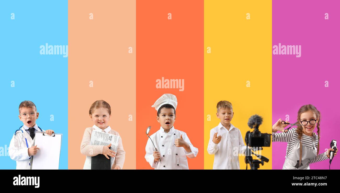 Group of children in uniforms of different professions on color ...