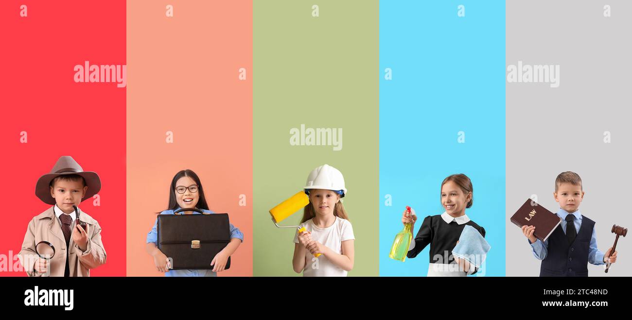 Collage of children in uniforms of different professions on color ...