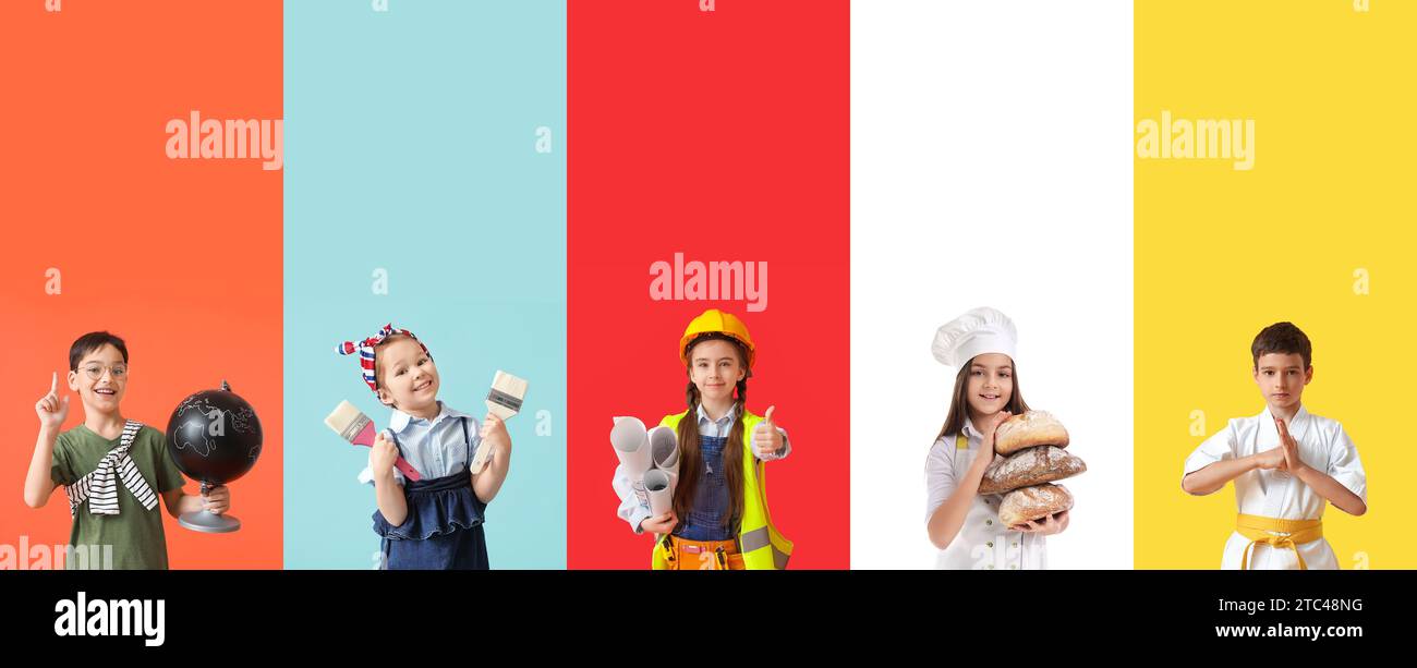 Set of children in uniforms of different professions on color ...