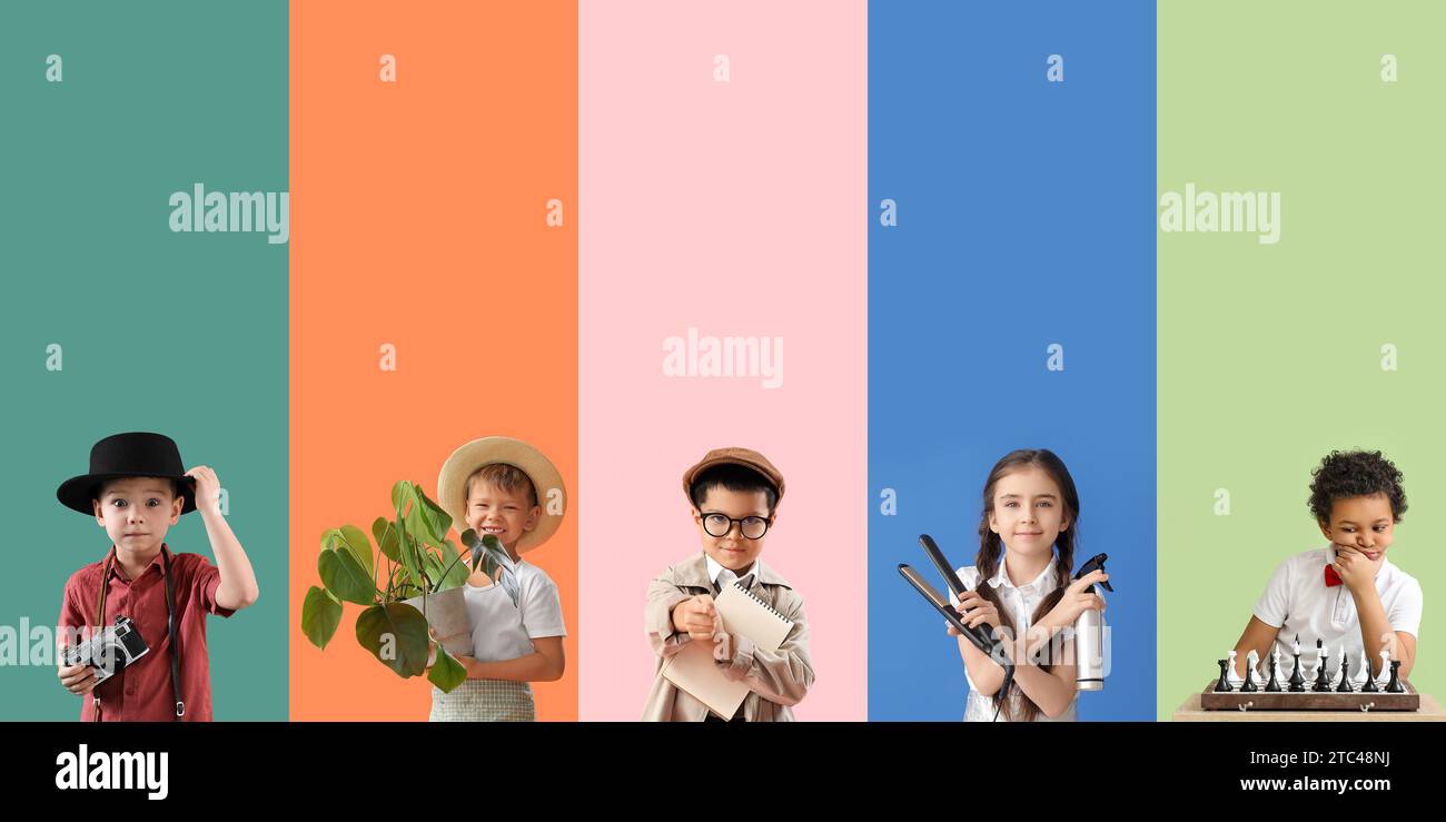 Set of children in uniforms of different professions on color ...