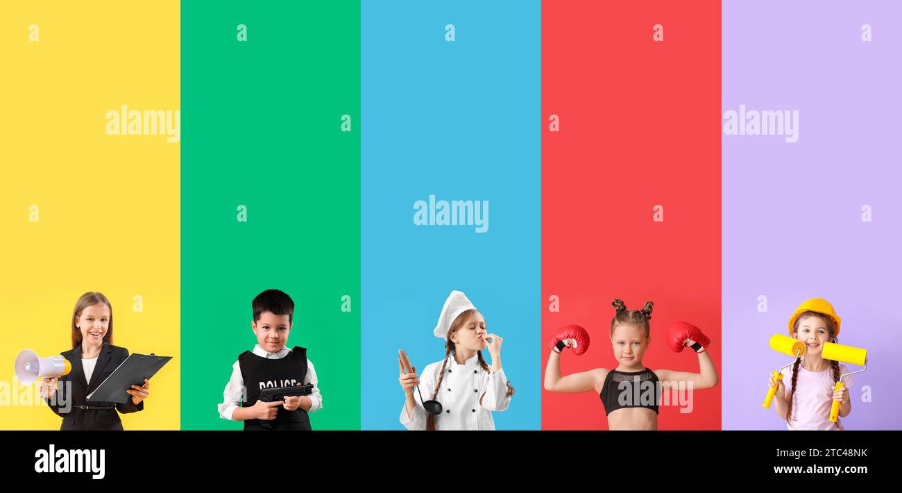 Group of children in uniforms of different professions on color ...