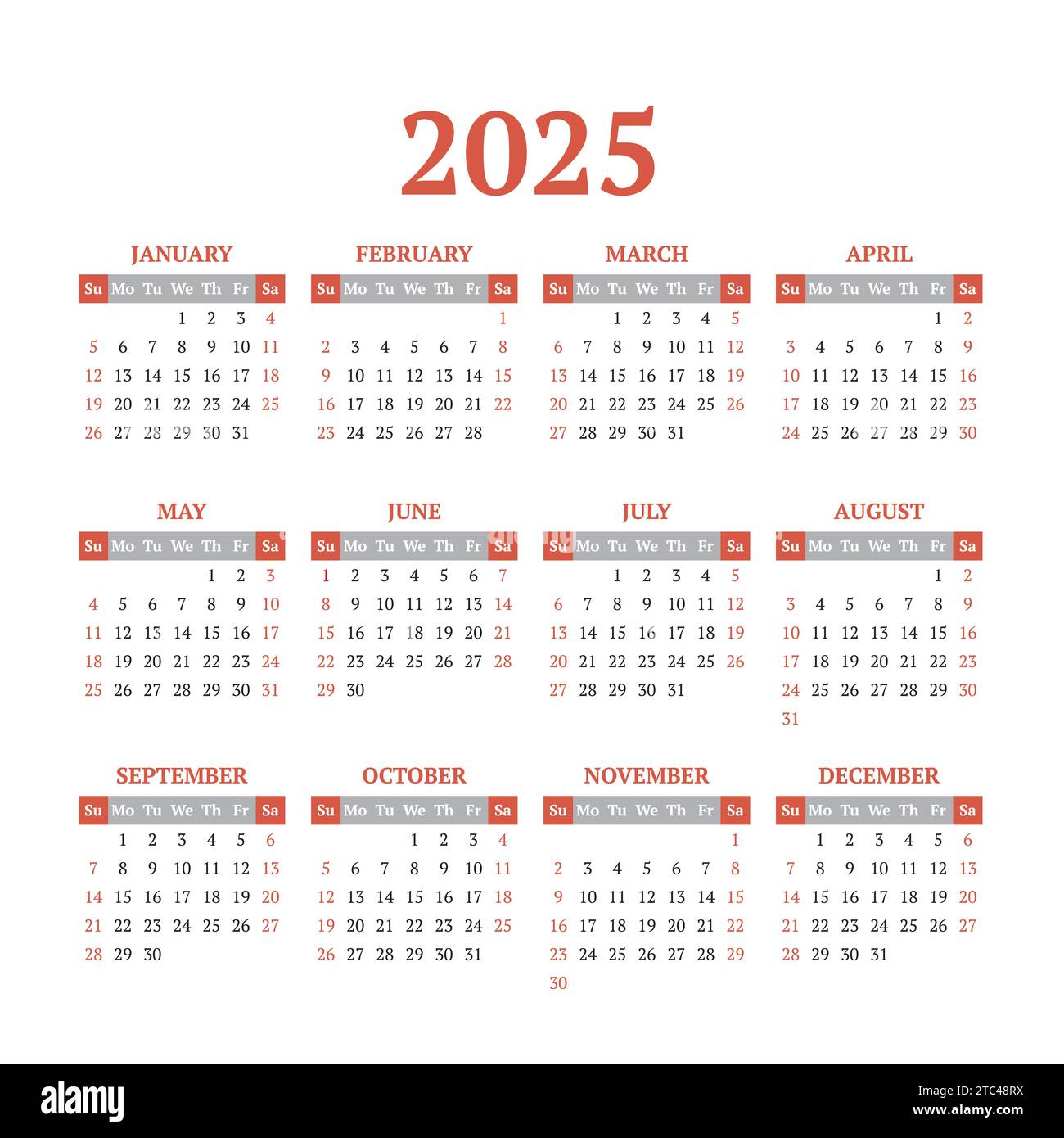 2025 simple vector calendar template. Weeks start on Sunday Stock ... 2025 simple vector calendar template. Weeks start on Sunday Stock ...