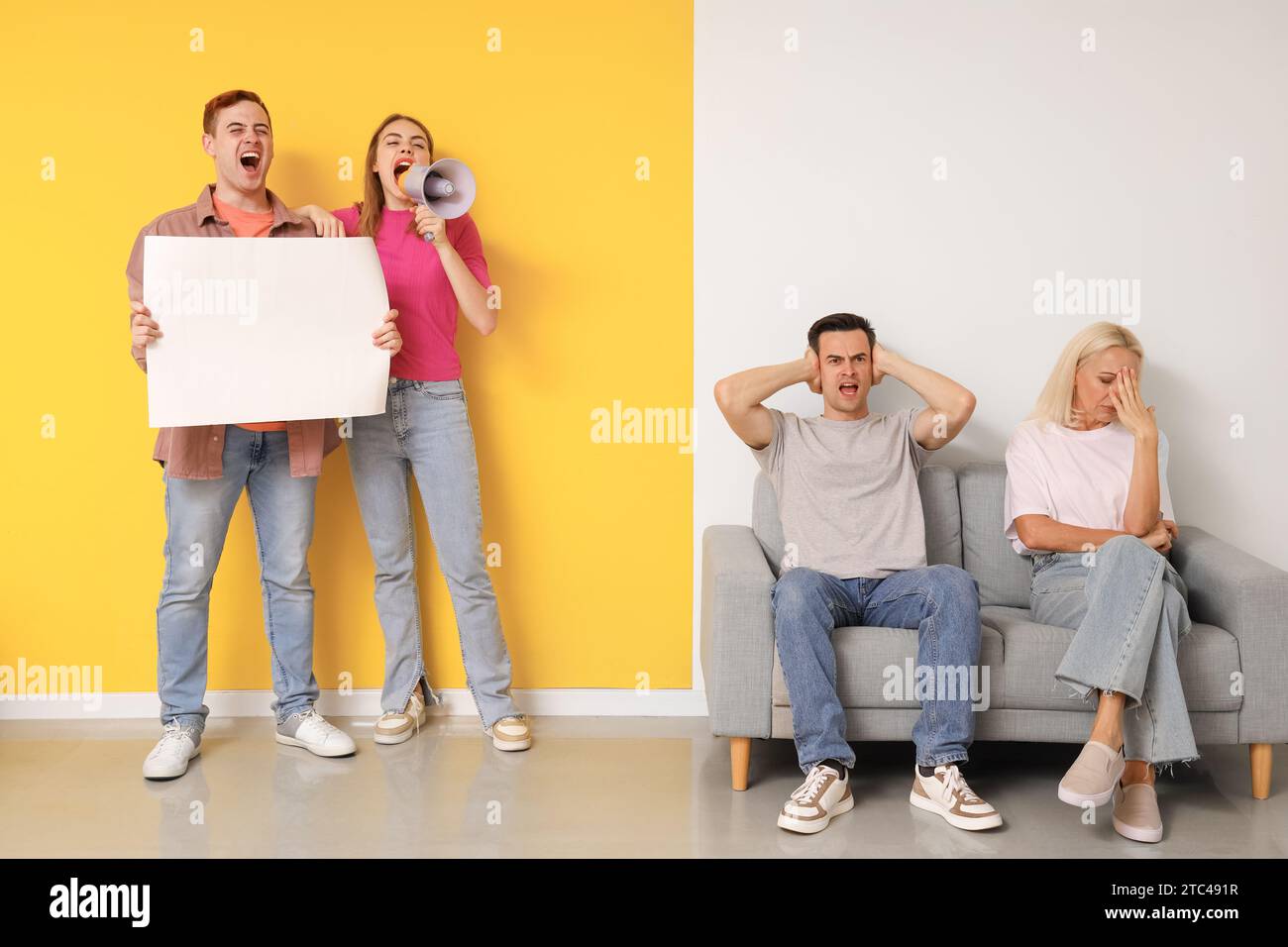 Couple suffering from loud neighbours at home Stock Photo - Alamy