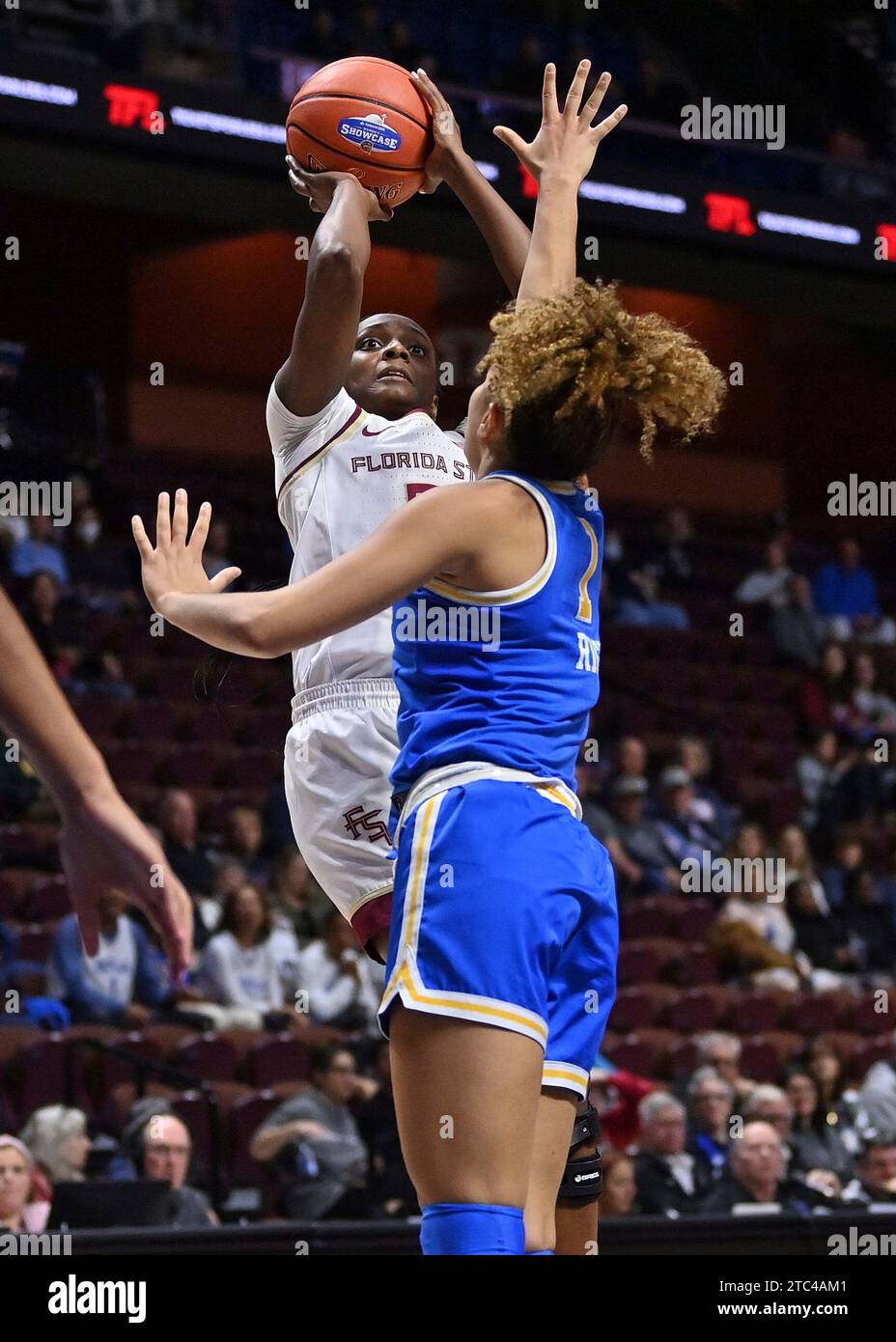 UNCASVILLE, CT - DECEMBER 10: Florida State Seminoles guard Ta'Niya Latson (00) shoots over UCLA ...