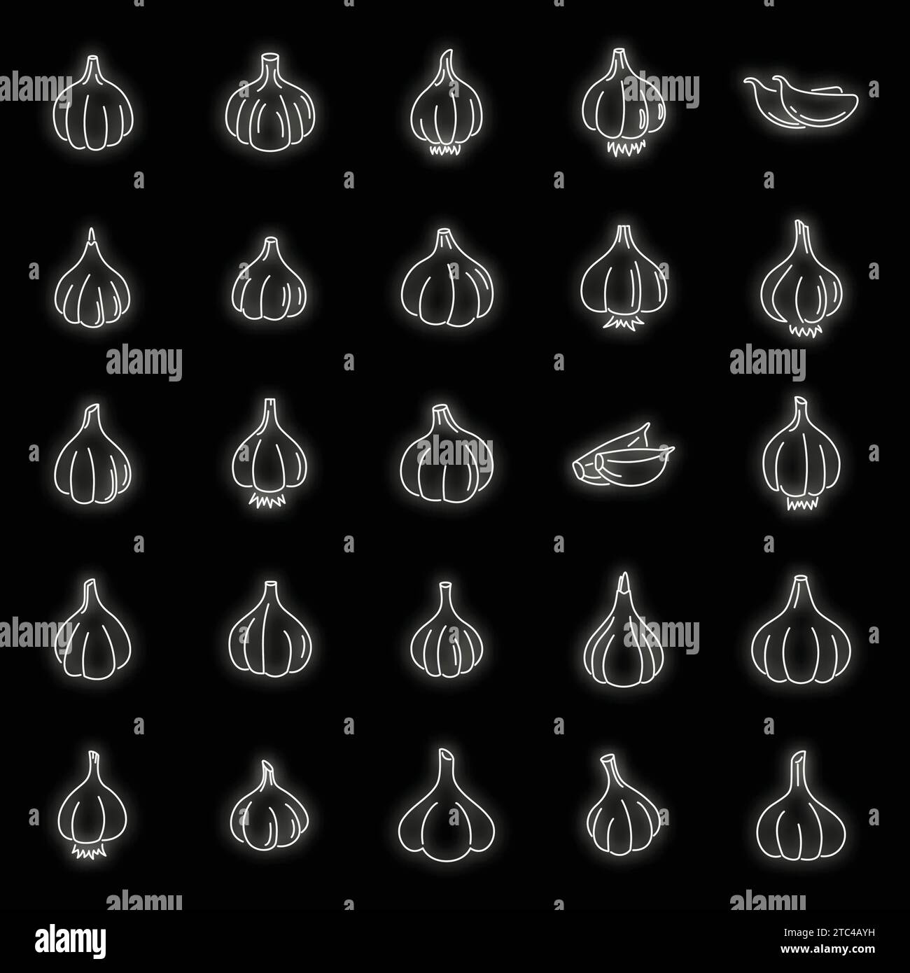 Garlic food icons set. Outline set of garlic food vector icons neon ...