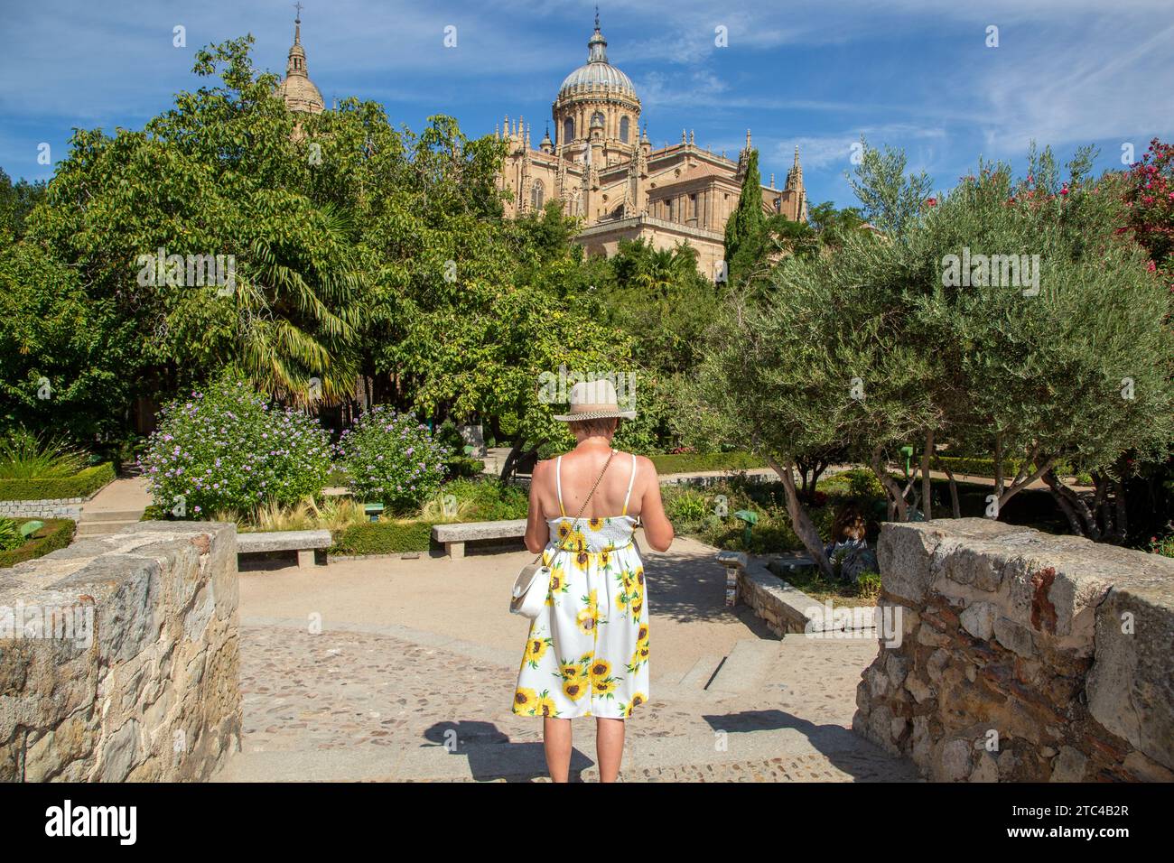 Woman in the Huerto de Calixto y Melibea gardens with a view of the ...