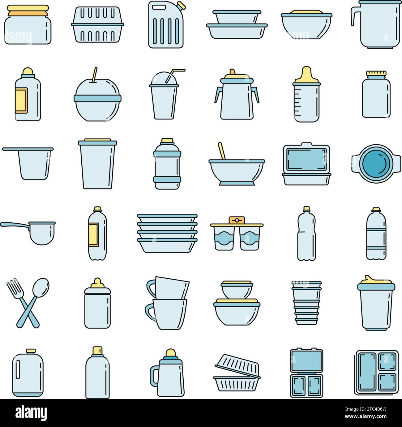 Modern plastic tableware icons set. Outline set of modern plastic ...