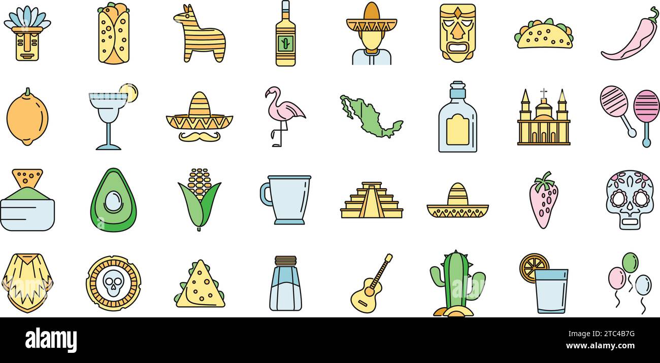Mexico fiesta icons set. Outline set of Mexico fiesta vector icons thin ...