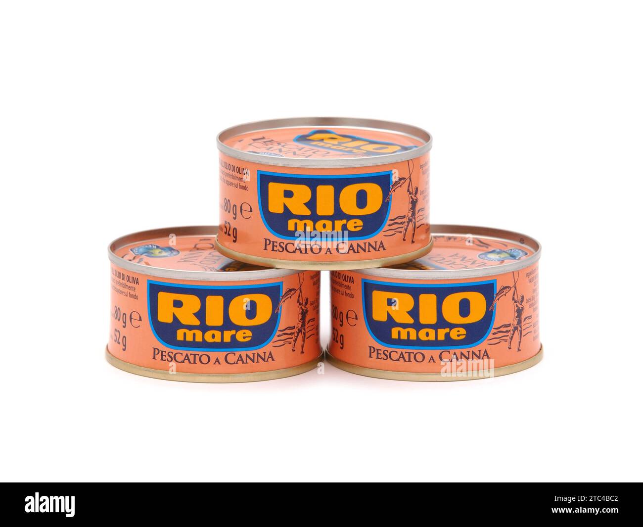 BUCHAREST, ROMANIA - FEBRUARY 28, 2020. Rio Mare cans of tuna fish in ...