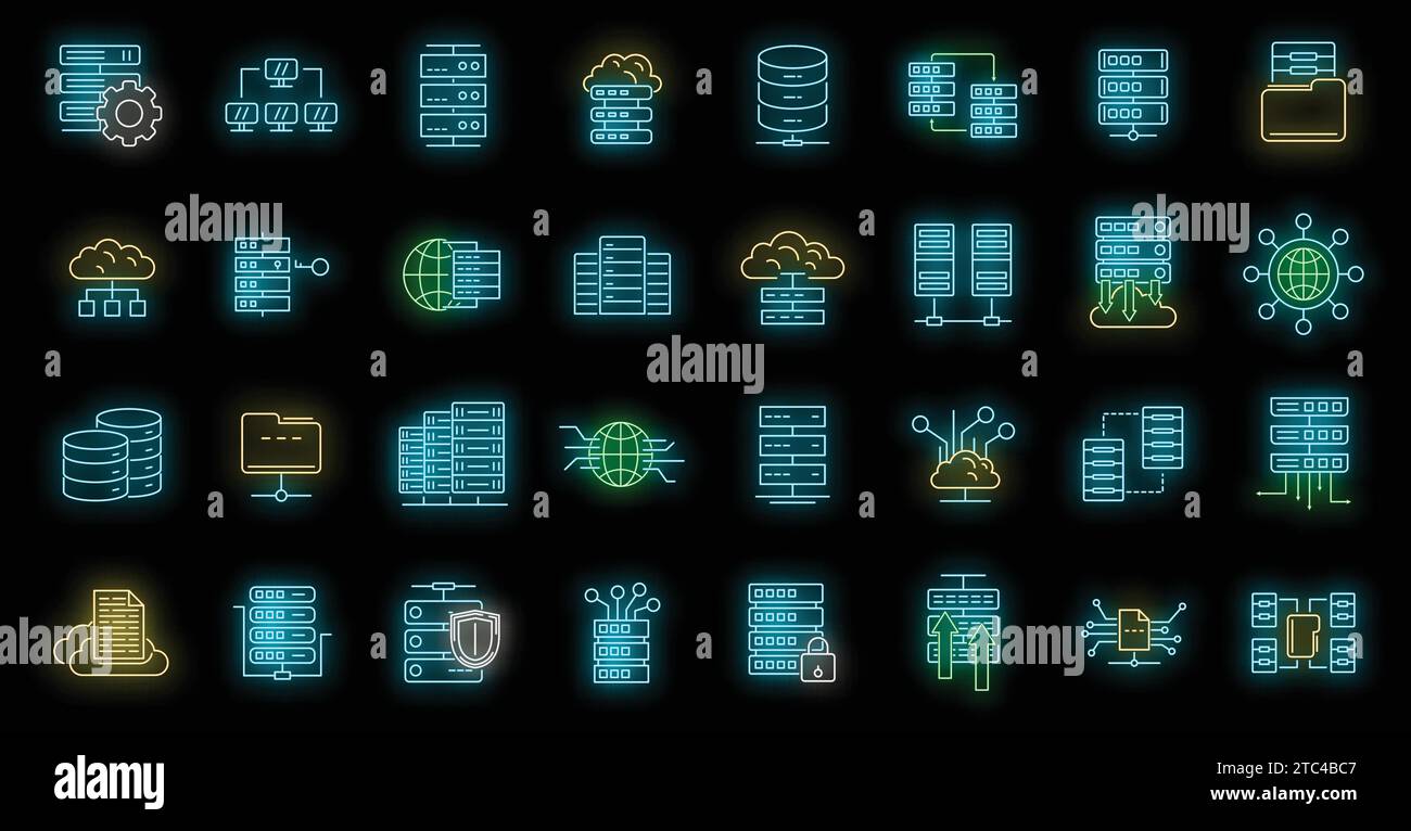 Data center icons set. Outline set of data center vector icons neon ...