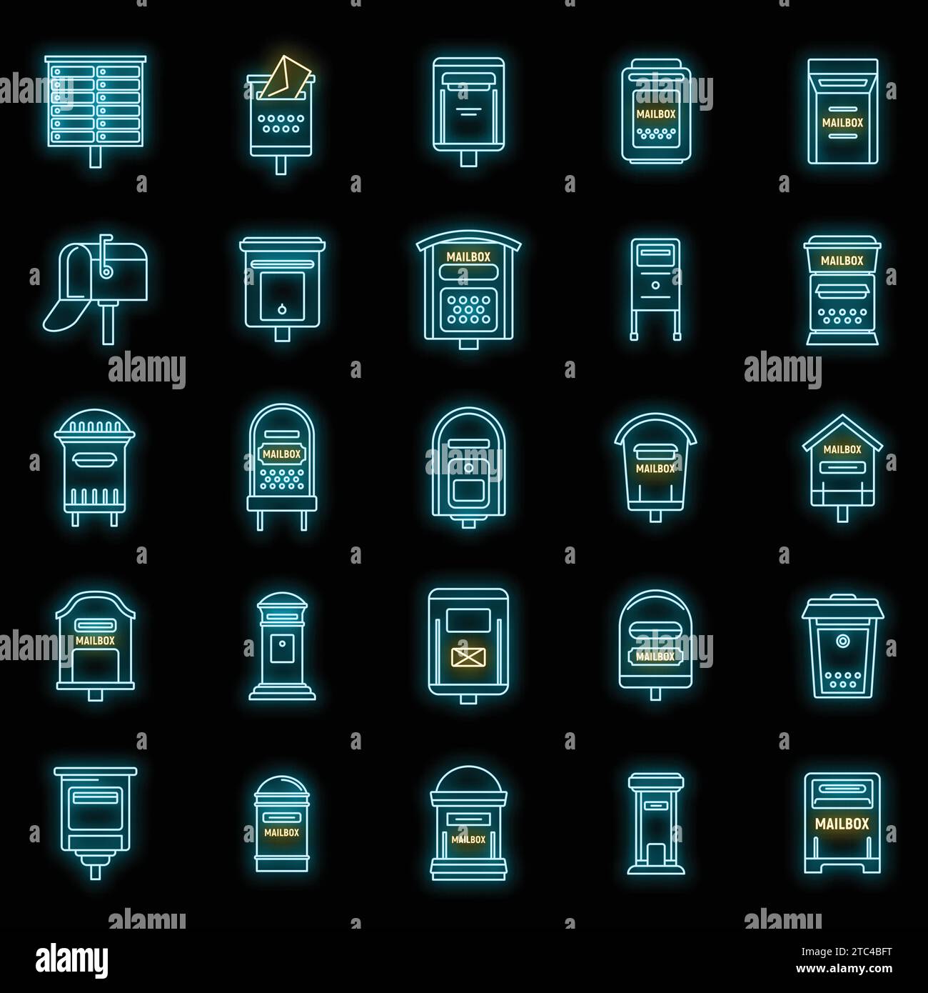 Metal mailbox icons set. Outline set of metal mailbox vector icons neon ...